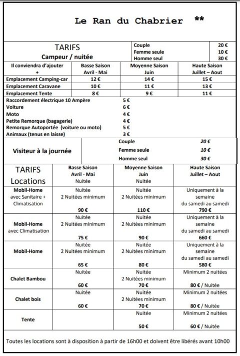 Tarifs - Camping le Ran du Chabrier